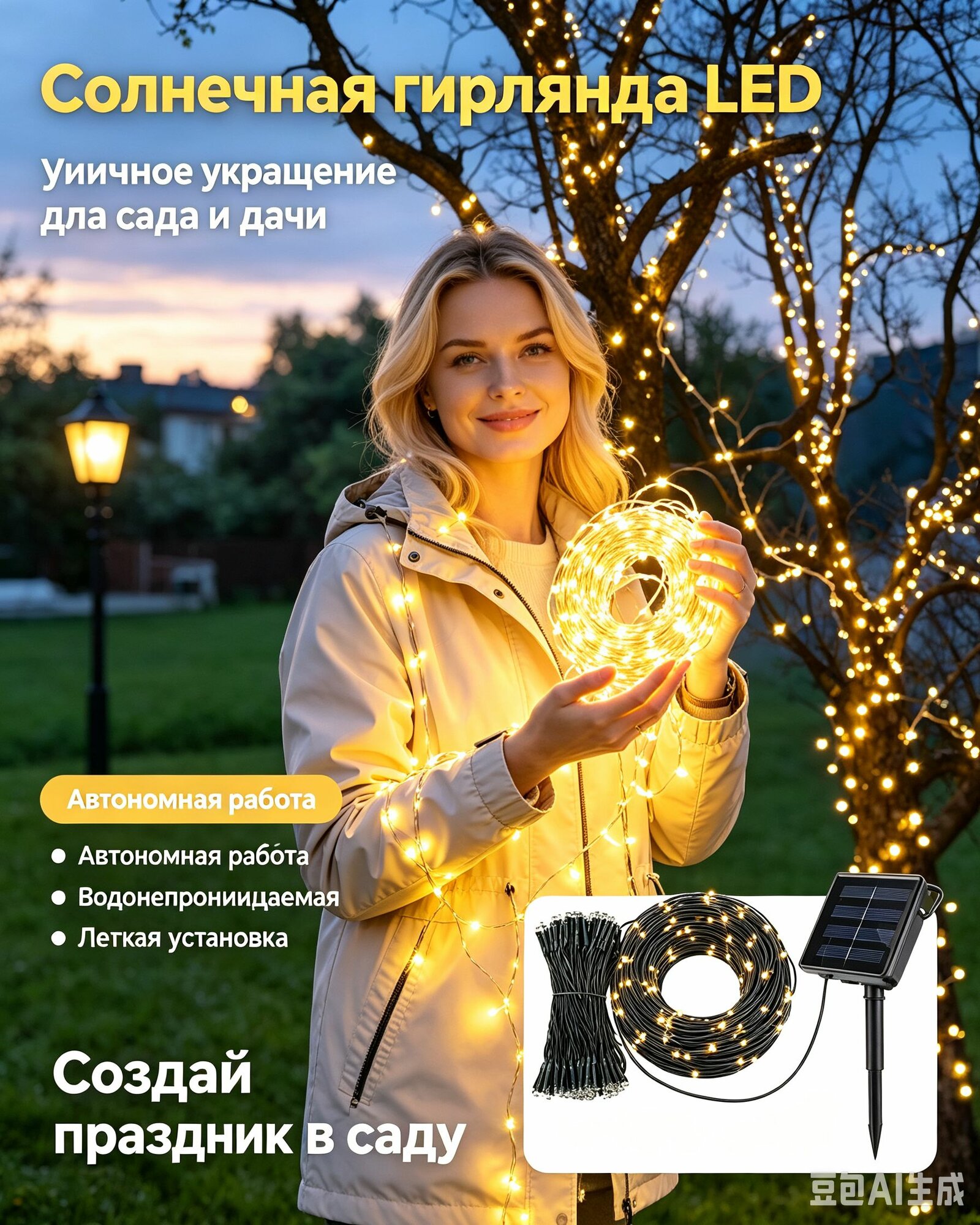 Электрогирлянда уличная Елочки светодиодная 100 ламп, 12 м, питание солнечная батарея, 1 шт