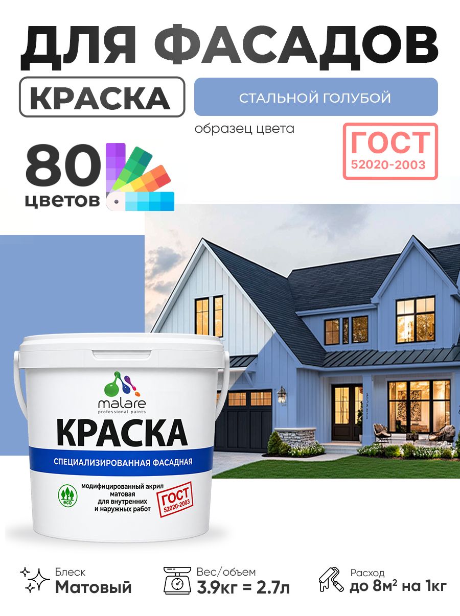 Краска Malare "ГОСТ" фасадная по дереву, бетону и штукатурке, для камня и кирпича, без запаха матовая, стальной голубой, (2.7л - 3.9кг)