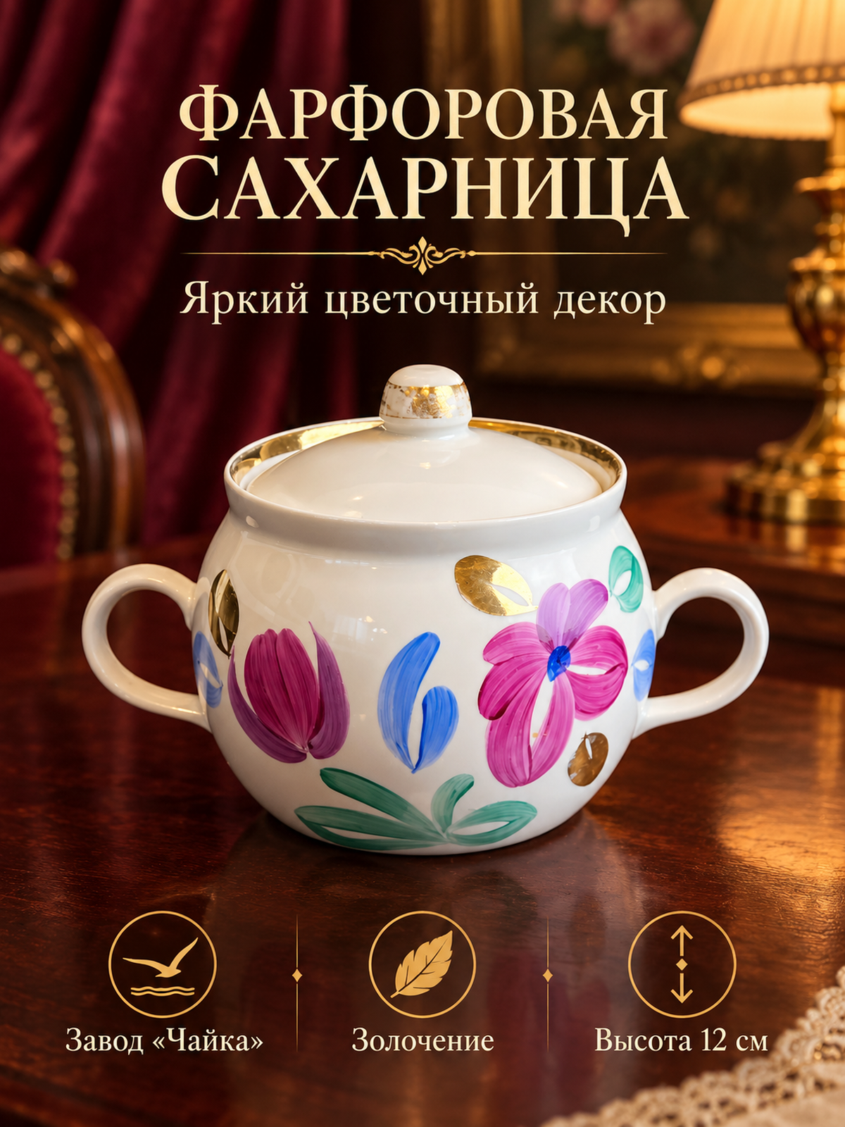 Сахарница фарфоровая с яркой цветочной деколью и золочением, Краснодарский ФФЗ Чайка винтаж СССР 1960-1990 гг