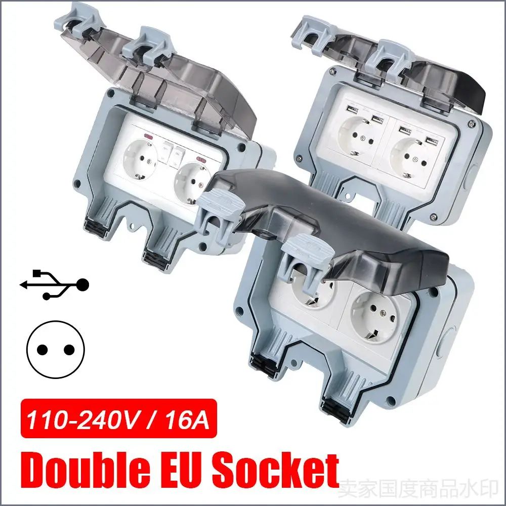 IP66 Водонепроницаемый переменный ток, розетка 110 240V с двойным EU, розетка питания наружной стенки