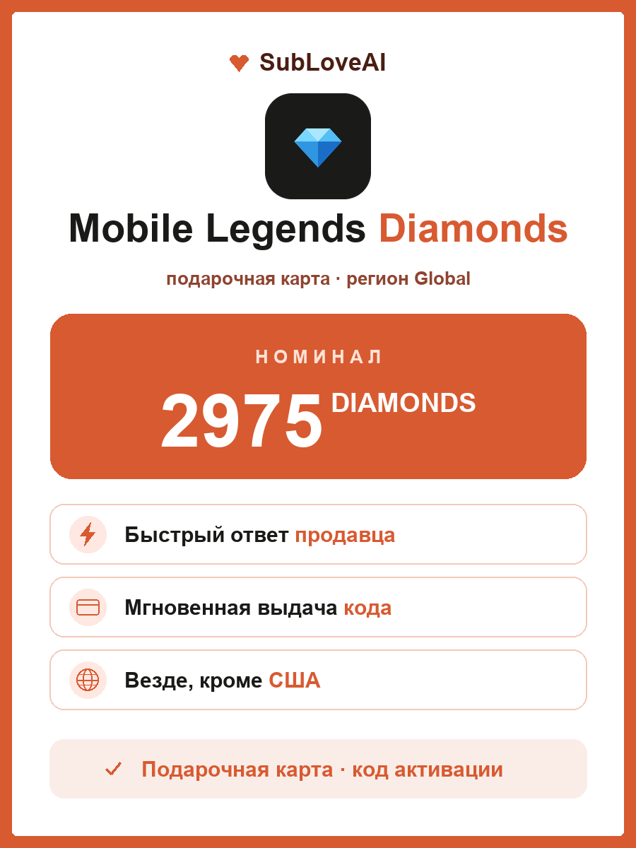 Подарочная карта Mobile Legends 2975 Diamonds — регион Global, код активации