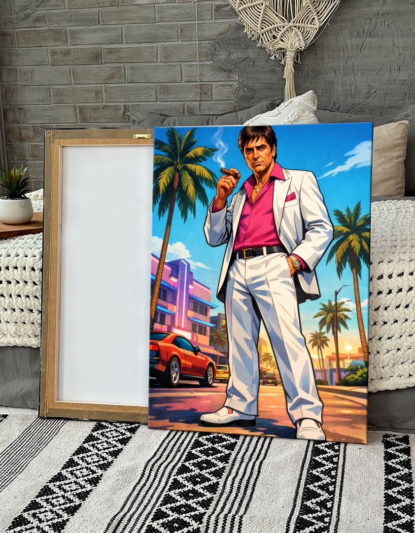 Картина на холсте (Тони Монтана, Scarface, сигара, белый костюм, розовая рубашка, пальмы, Майами) 30x40 см. Интерьерная на стену. Украшение в комнату.