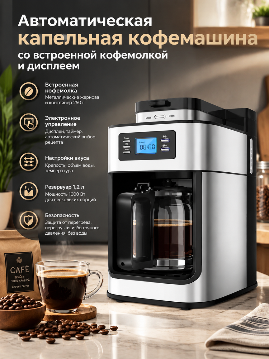 Автоматическая капельная кофемашина со встроенной кофемолкой и дисплеем, 1000 Вт, 1.2 л, черный