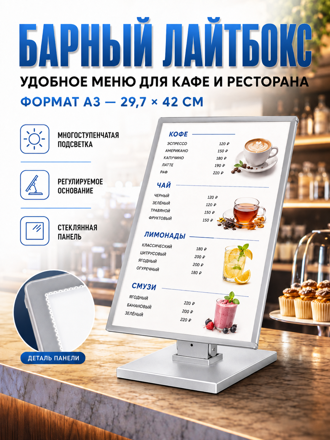 Барный лайтбокс формата А2 со стеклянной панелью, многоступенчатая подсветка, регулируемое основание для меню кафе