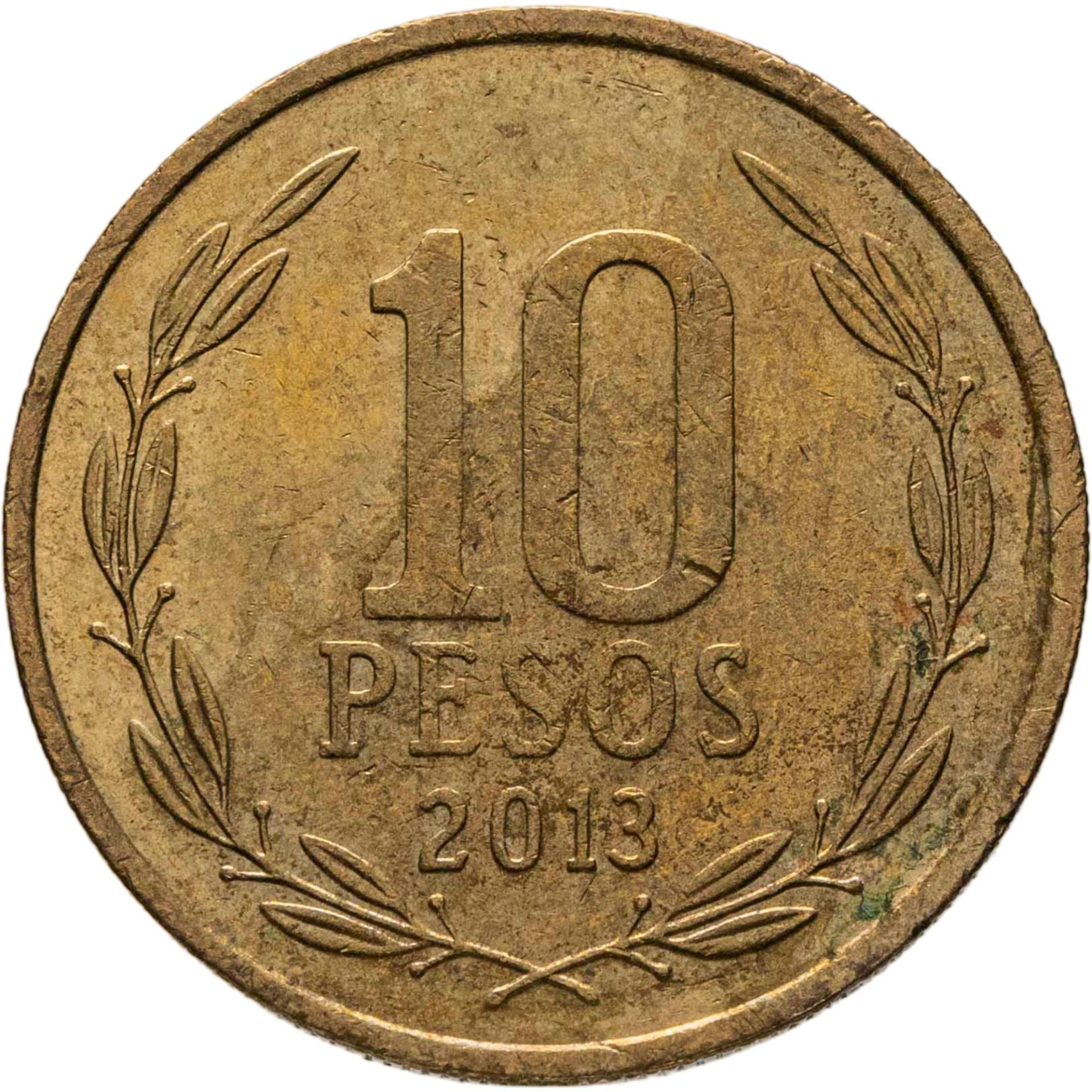 Чили 10 песо pesos 2013, Латунь, в сохранности XF