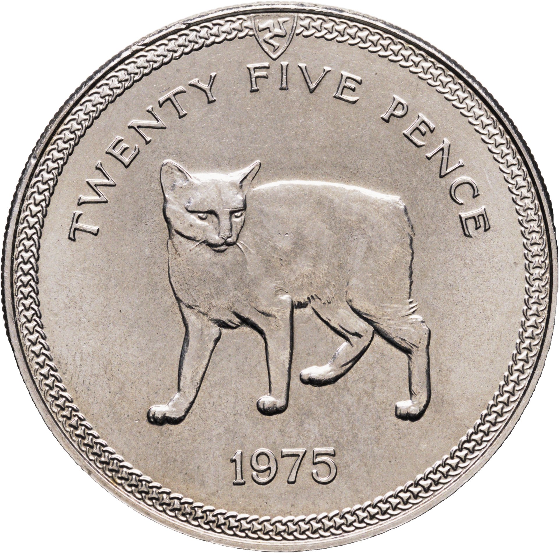 Остров Мэн 25 пенсов pence 1975 "Мэнкс мэнская бесхвостая кошка", Мельхиор медь-никель, в сохранности BUNC