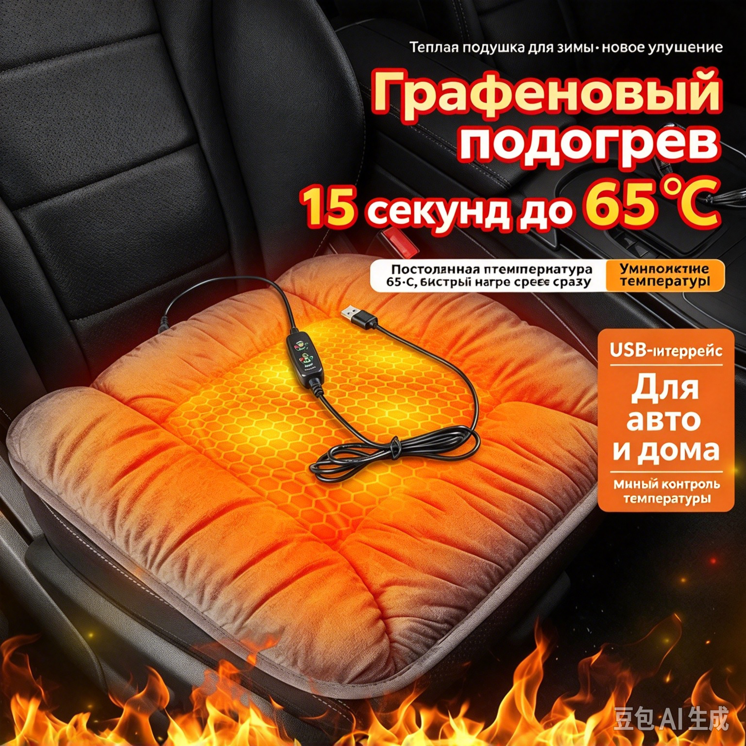 Нагревательная сидушка для автомобиля, модель A, цвет черный, квадратная 50x50 см, С подогревом от USB