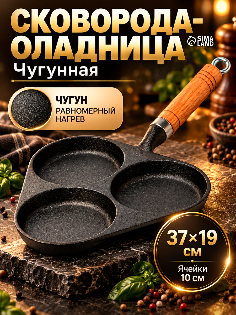 Сковорода-оладница чугунная, 37×19 см, деревянная ручка, черная