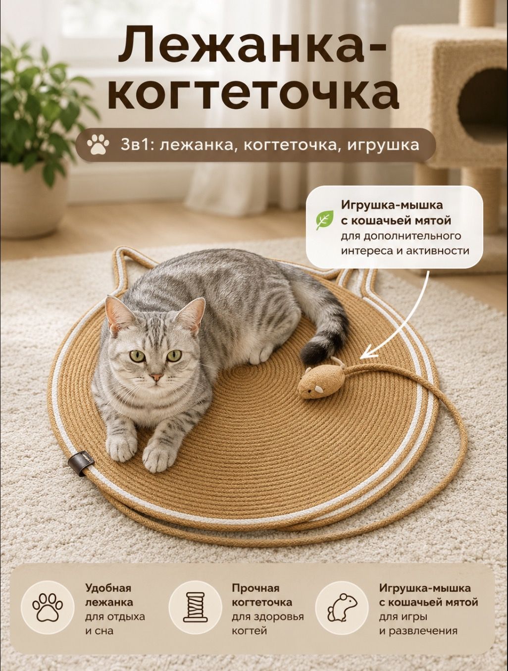 Лежанка-когтеточка для кошек, D-43 см, круглая, на пол и стену, мышка с кошачьей мятой