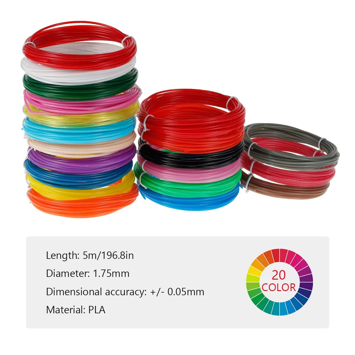 Филамент PLA 1.75mm, 5m, 20 цветов, Set B round