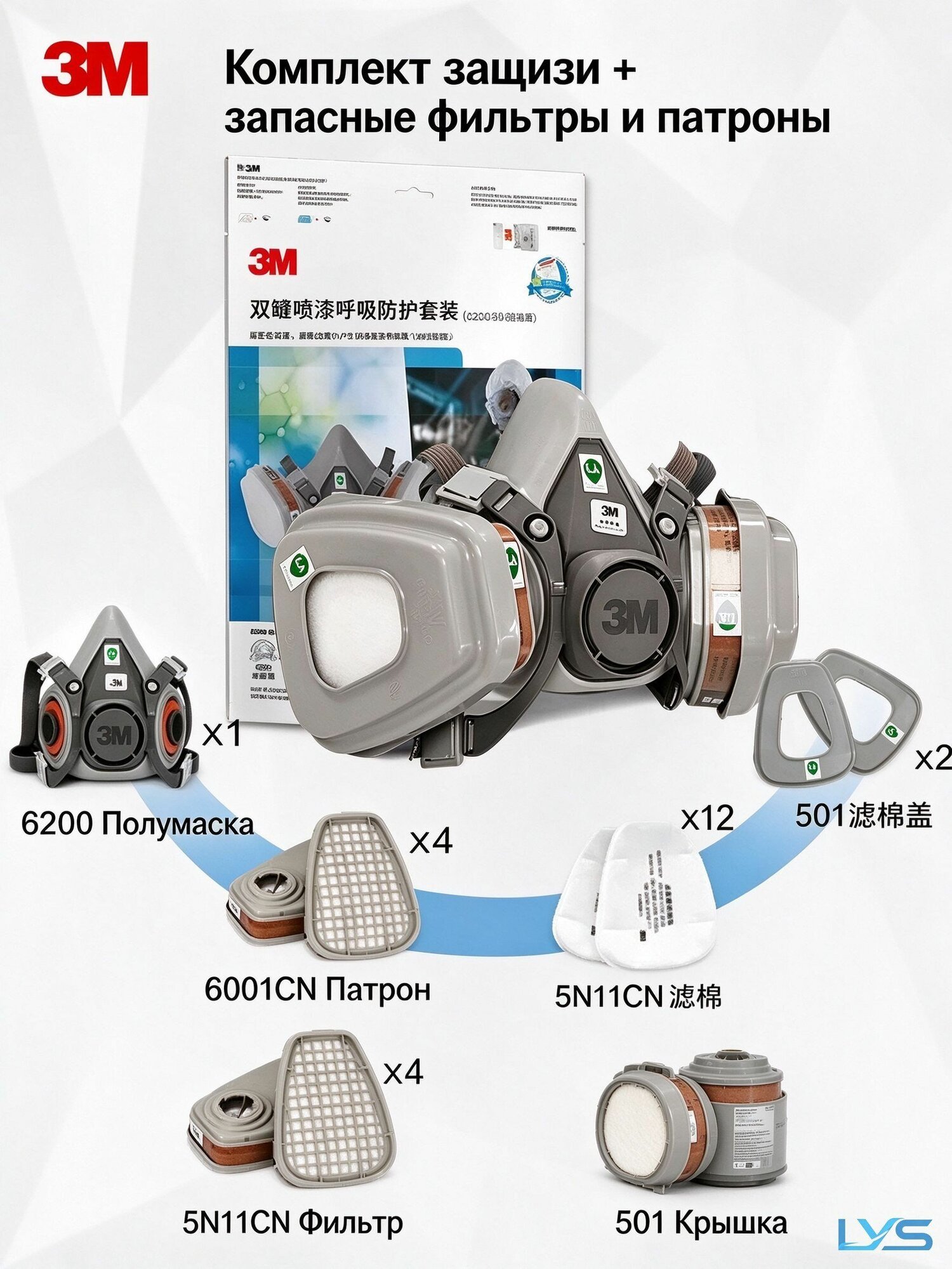 Респиратор 3M 6200 + патроны 6001 + фильтры 5N11, комплект