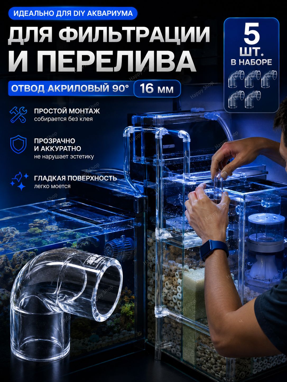 Прозрачный акриловый уголок 90 для труб 16 мм, PMMA, для аквариума, 5 шт.