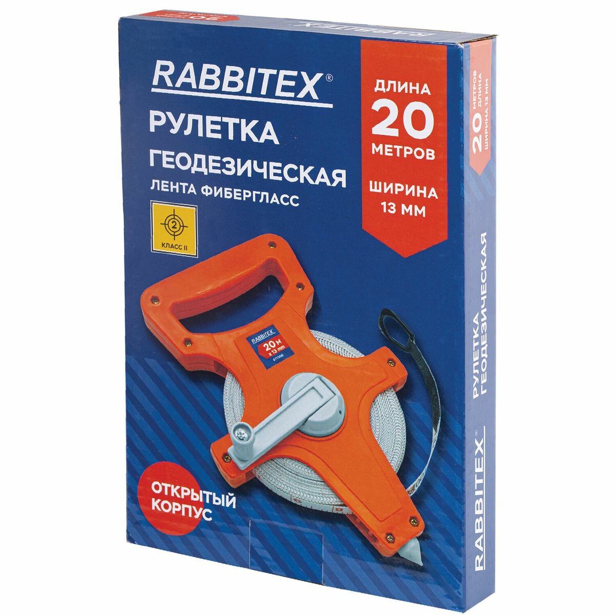 Рулетка геодезическая 20м х 13мм, лента фибергласс, открытый корпус, Rabbitex (671366)