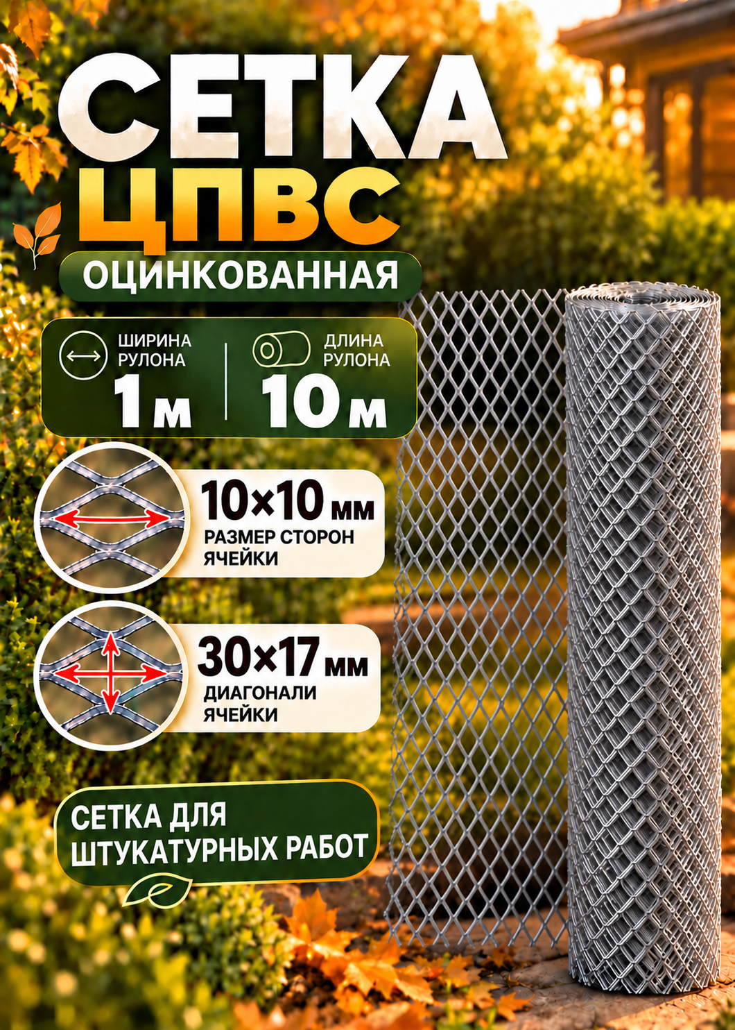 Сетка ЦПВС оцинкованная 10х10 мм, штукатурная, строительная, рулон 1х10 м