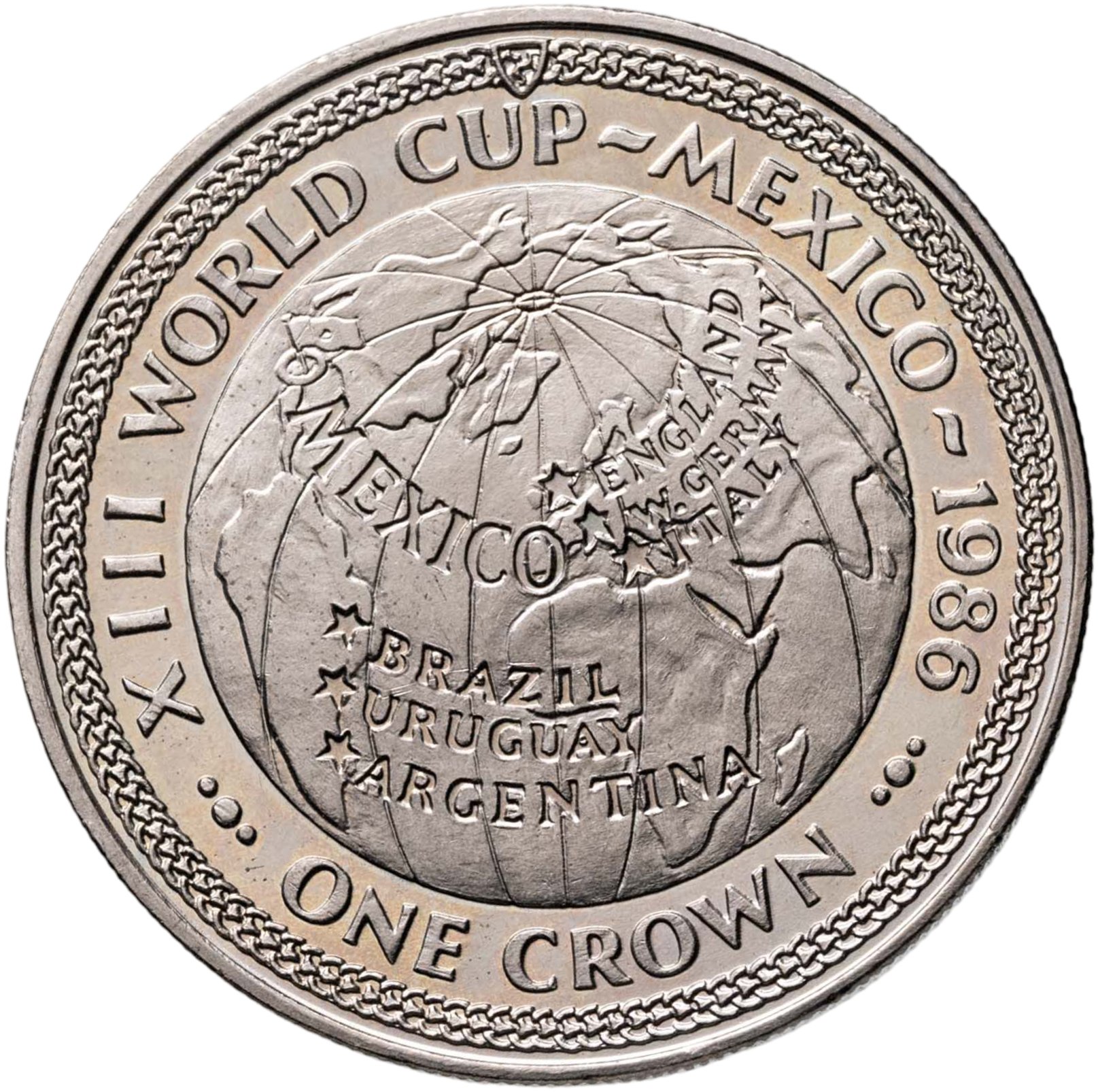 Остров Мэн 1 крона 1986 "Чемпионат мира по футболу 1986, Мексика /карта", Мельхиор медь-никель, в сохранности BUNC