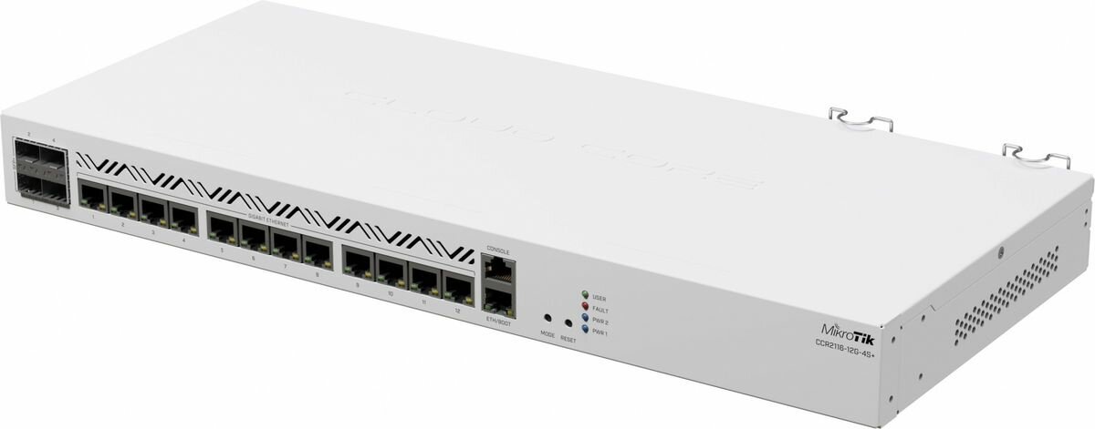 MikroTik Cloud Core Router 2116-12G-4S+ with Amazon Annapurna Labs Alpine v3 AL73400 CPU (16-cores, 2GHz per core), 16GB RAM, 4xSFP+ cage, 13xGbit LAN, M.2 PCIe slot, RouterOS L6, 1U rackmount case, D
