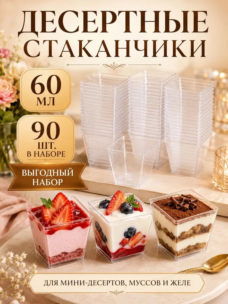 Десертные стаканчики 60 мл, 90 шт, прозрачные одноразовые креманки для мусса, желе, трайфлов и мини-десертов