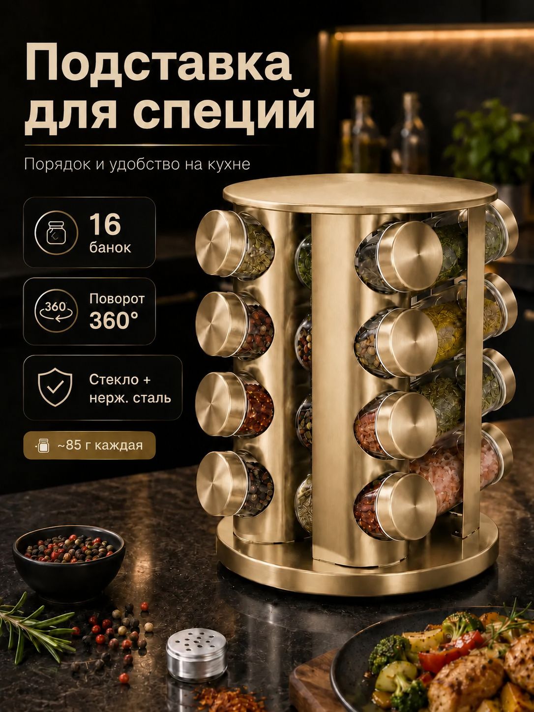 Набор банок для сыпучих продуктов и специй 16 шт по 90 мл стекло с золотыми крышками из нержавеющей стали