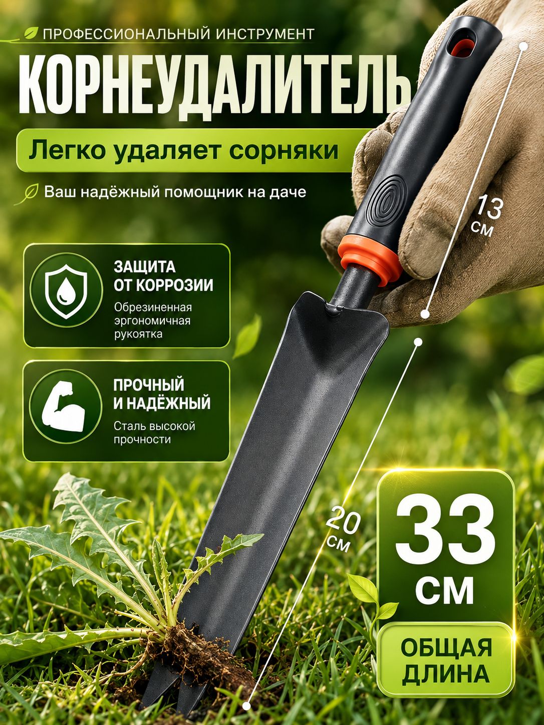 Не подходит для твердых грунтов, Корнеудалитель для сорняков стальной, Общая длина: 38 см, цельнометаллический стальной, удалитель сорняков