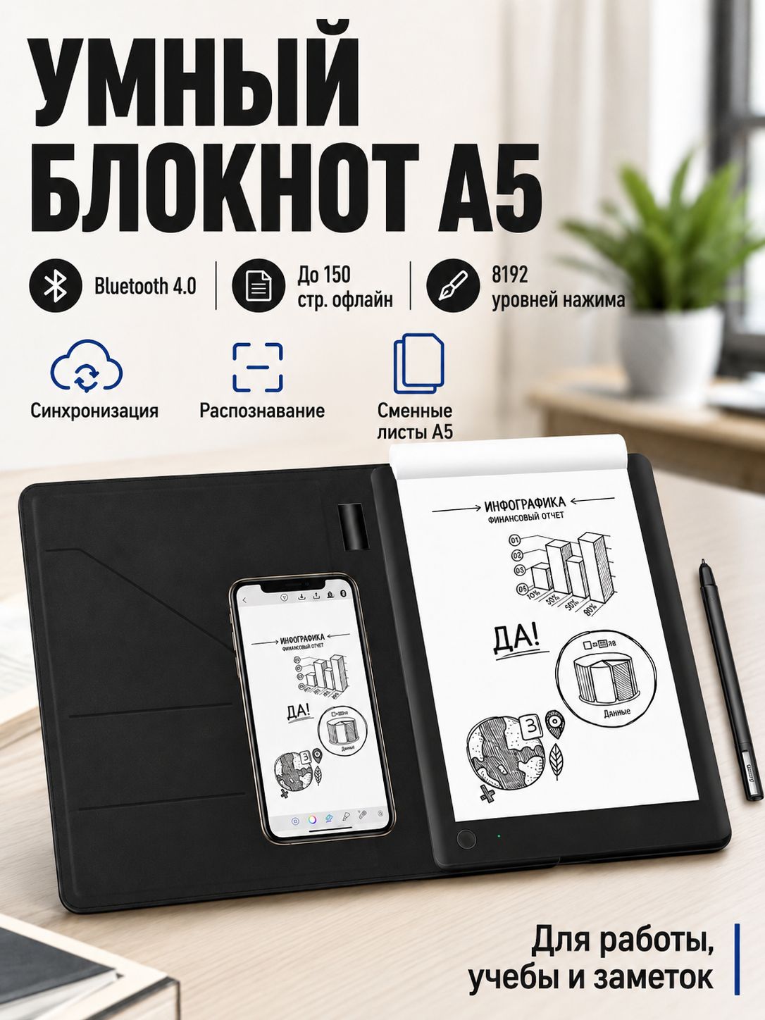 Умный блокнот с синхронизацией заметок, Bluetooth 4.0, распознавание рукописного текста, A5, с ручкой