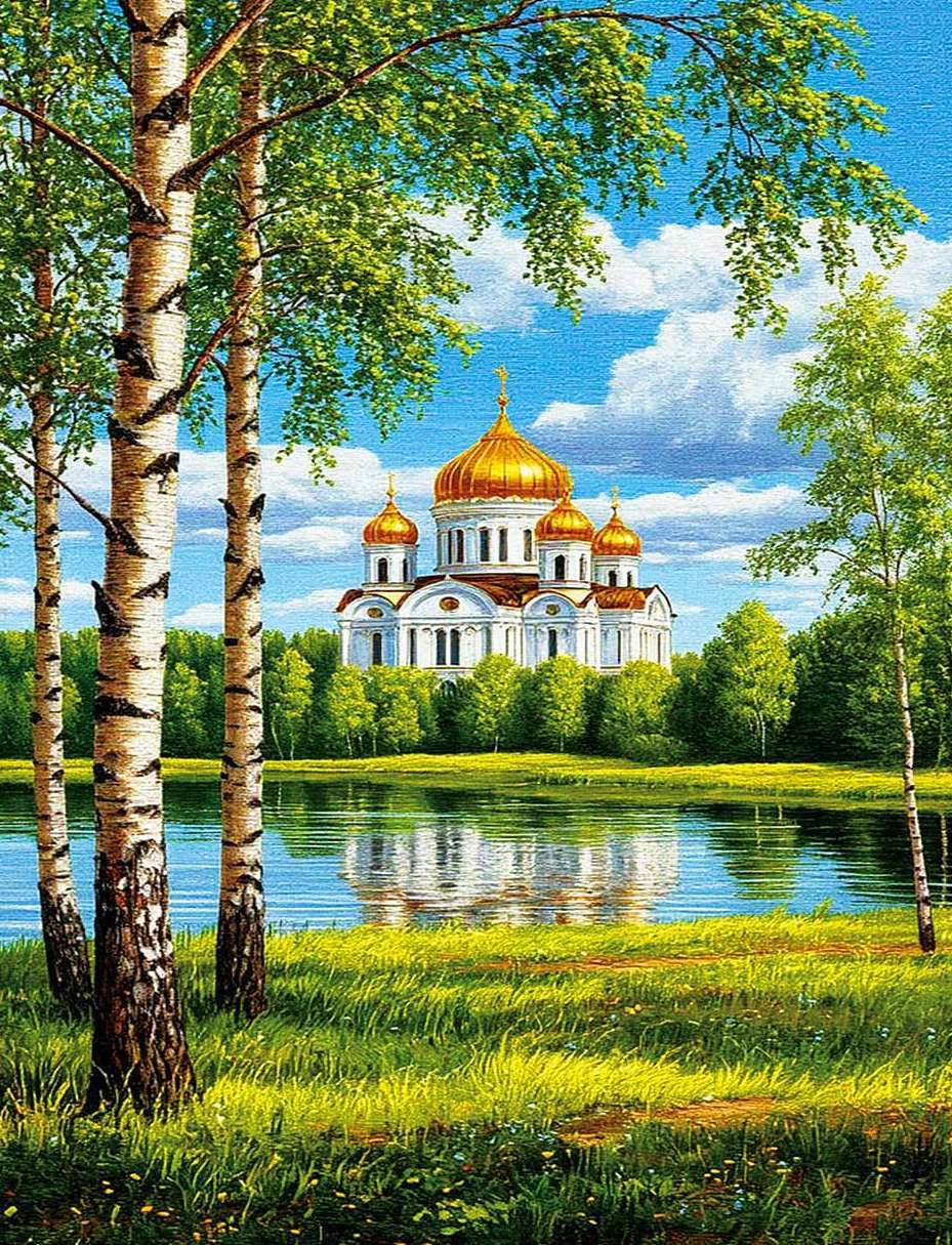 Алмазная мозаика на подрамнике 40*50 "Березы у Храма"