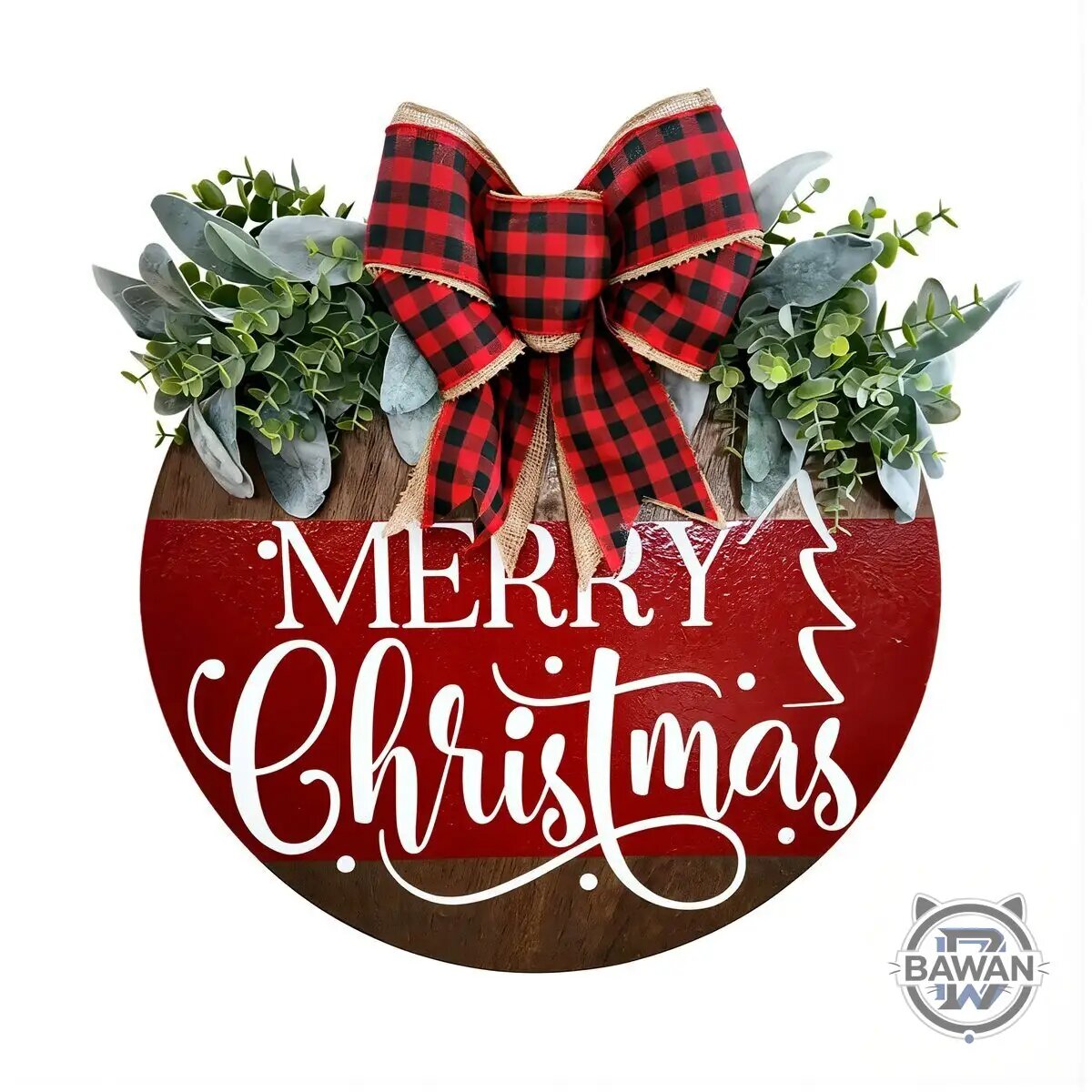 Деревянная подвеска на дверь Рождество Merry Christmas клетчатая лента искусственные растения декор