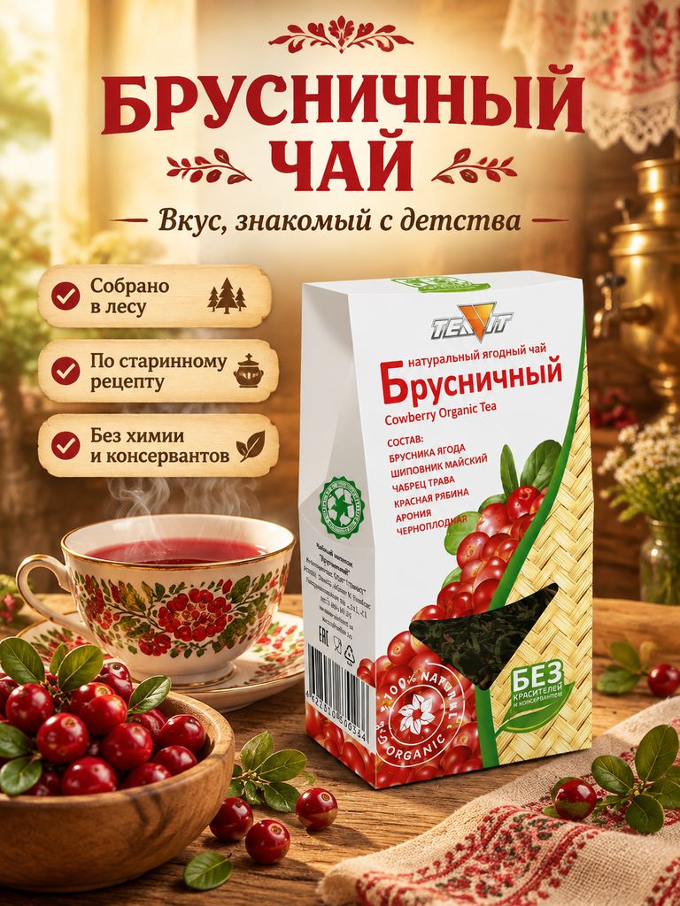 Чай ягодный Брусника без кофеина натуральный теавит 50 г травяной фруктовый чайный напиток с брусникой, шиповником, гибискусом и смородиной, без ароматизаторов и консервантов