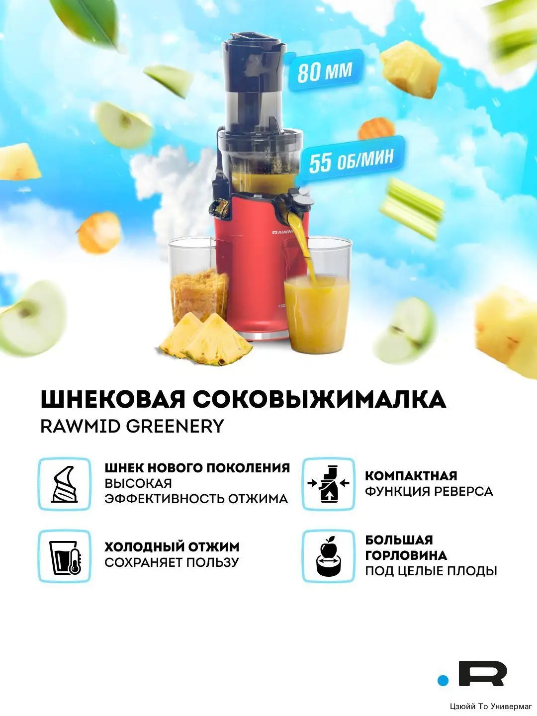 Соковыжималка электрическая шнековая Соковыжималка шнековая электрическая, для цитрусов, зелени, орехового молока и овощей RAWMID Greenery RGJ-04, черный, красный