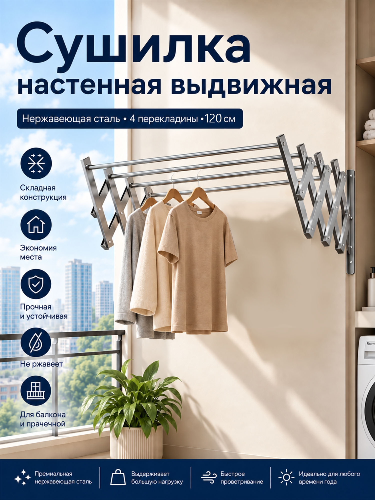 Сушилка для белья настенная складная 120 см х 84.5 см х 34 см металл 1 шт серый металлик