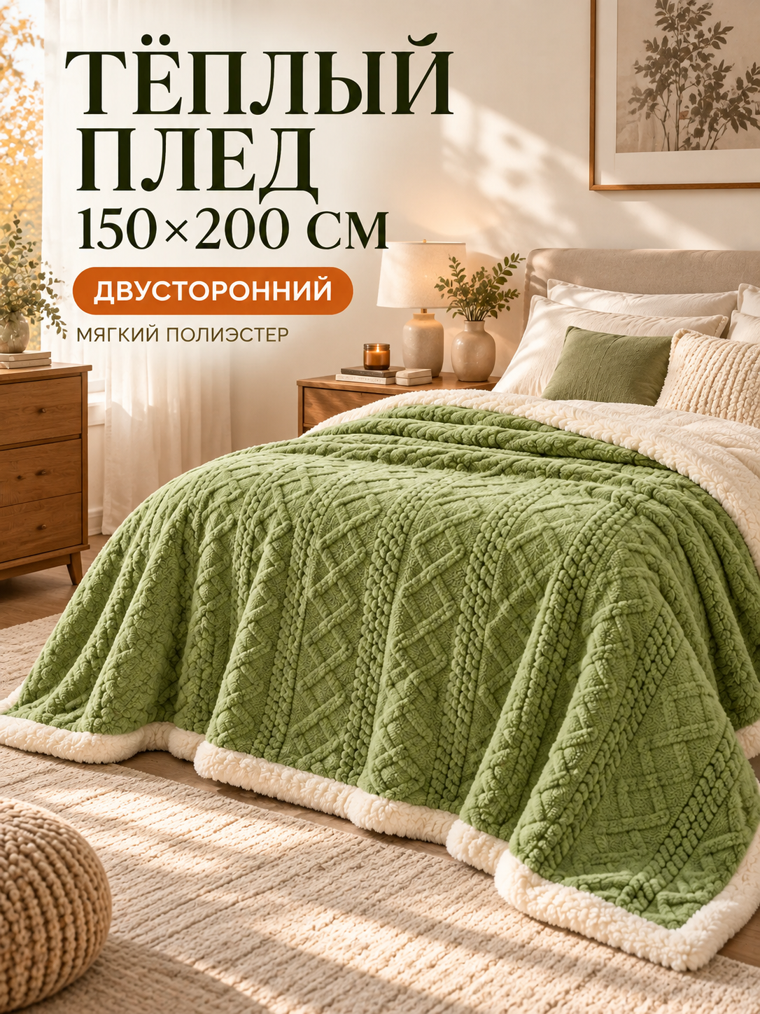 Плед двусторонний, оливково-зелёный с вязаным узором, плотный, для дивана, покрывало на кровать, 150x 200 см