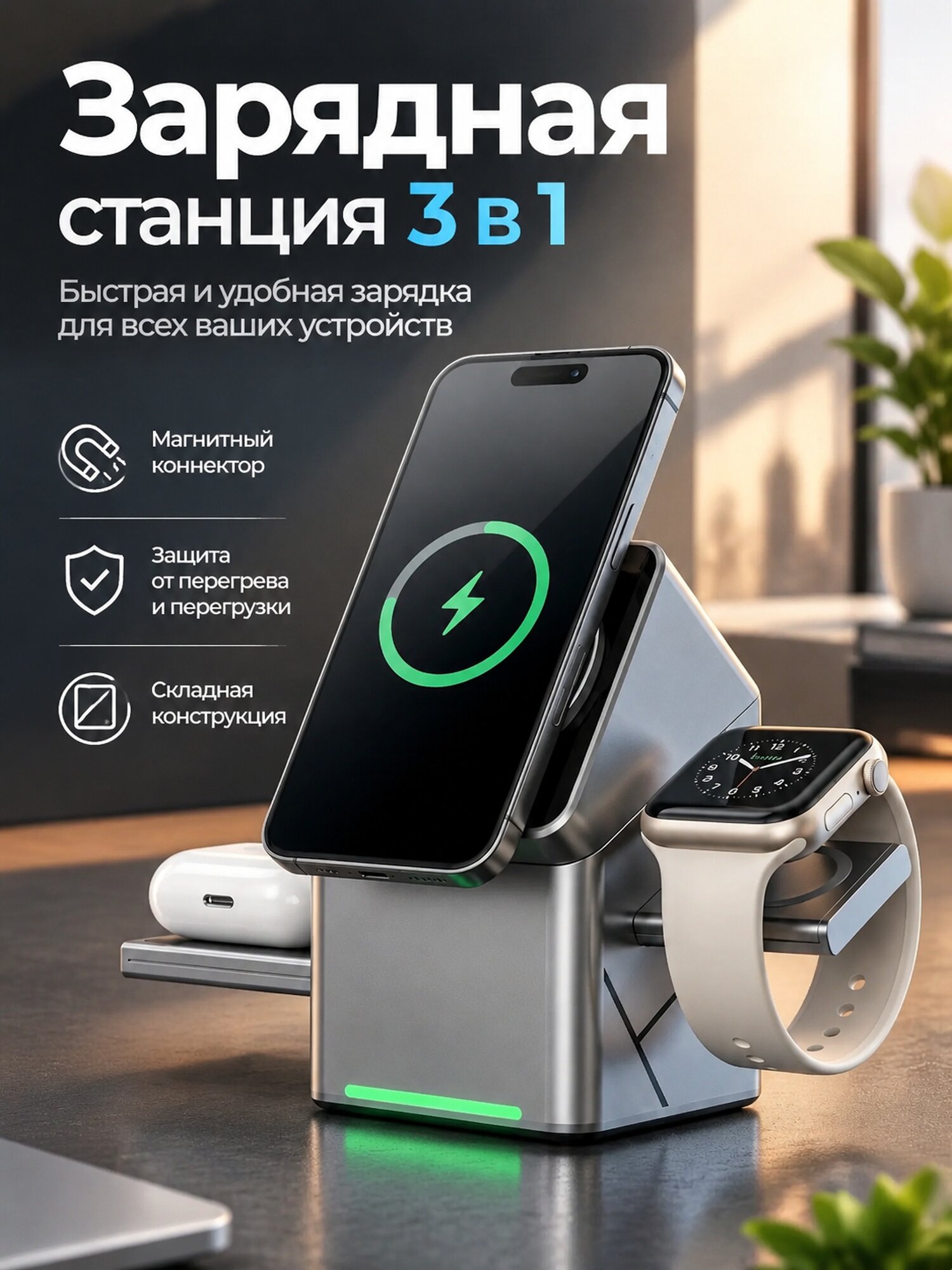 Складная беспроводная зарядная станция 3 в 1 с магнитным коннектором
