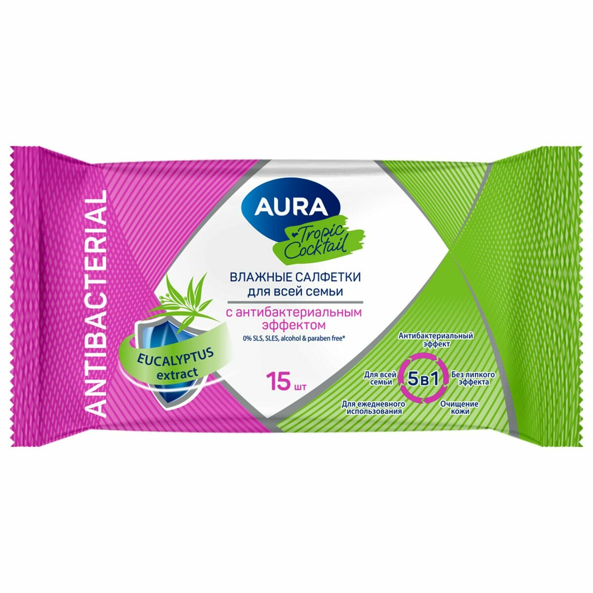 Салфетки влажные Aura Tropic Cocktail, c антибактериальным эффектом, 15шт. (10388), 110 уп.