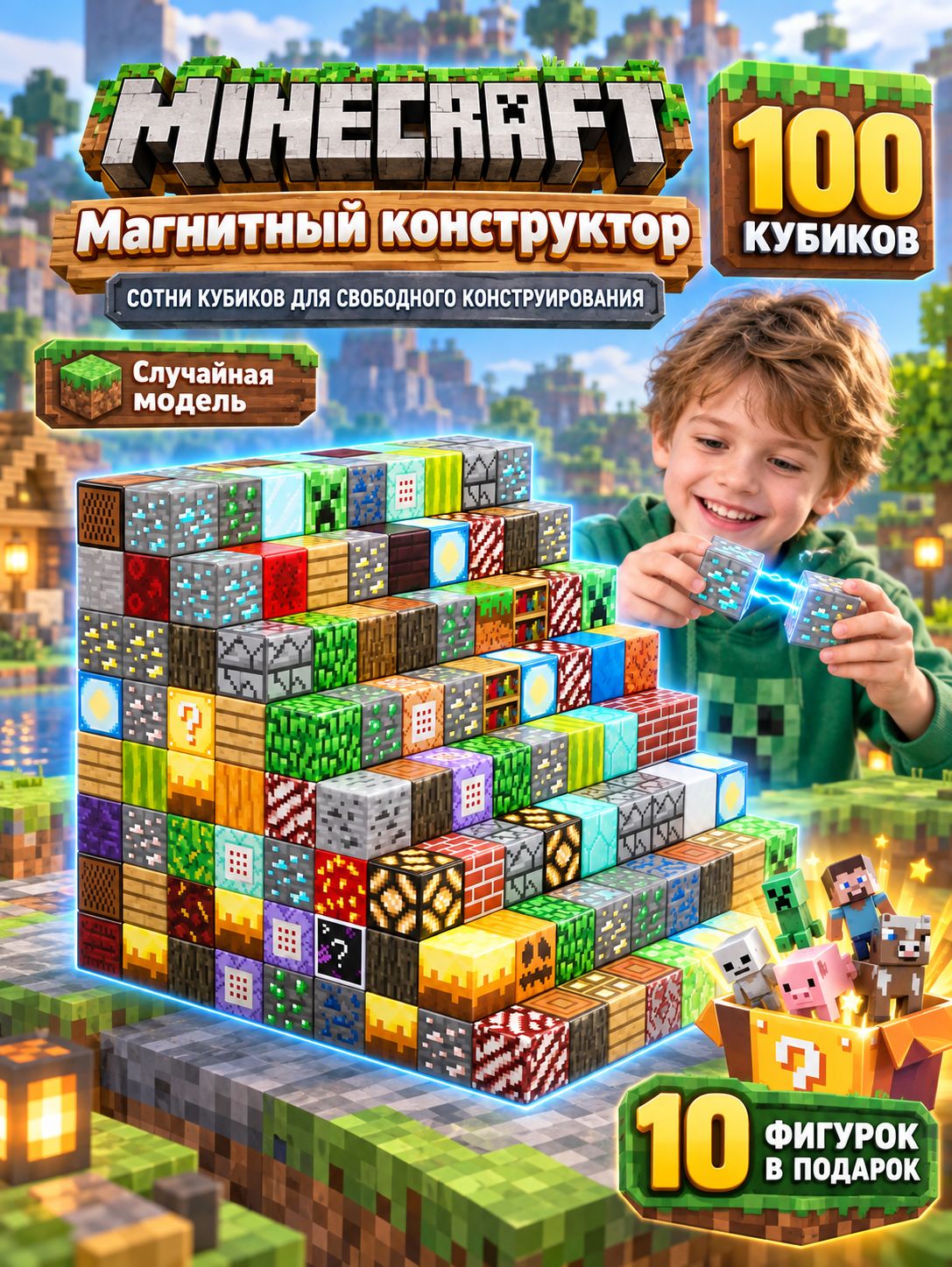 Майнкрафт, магнитный конструктор, Minecraft, DIY, 100 cлучайных блоков + 10 фигурок, в подарочной коробке