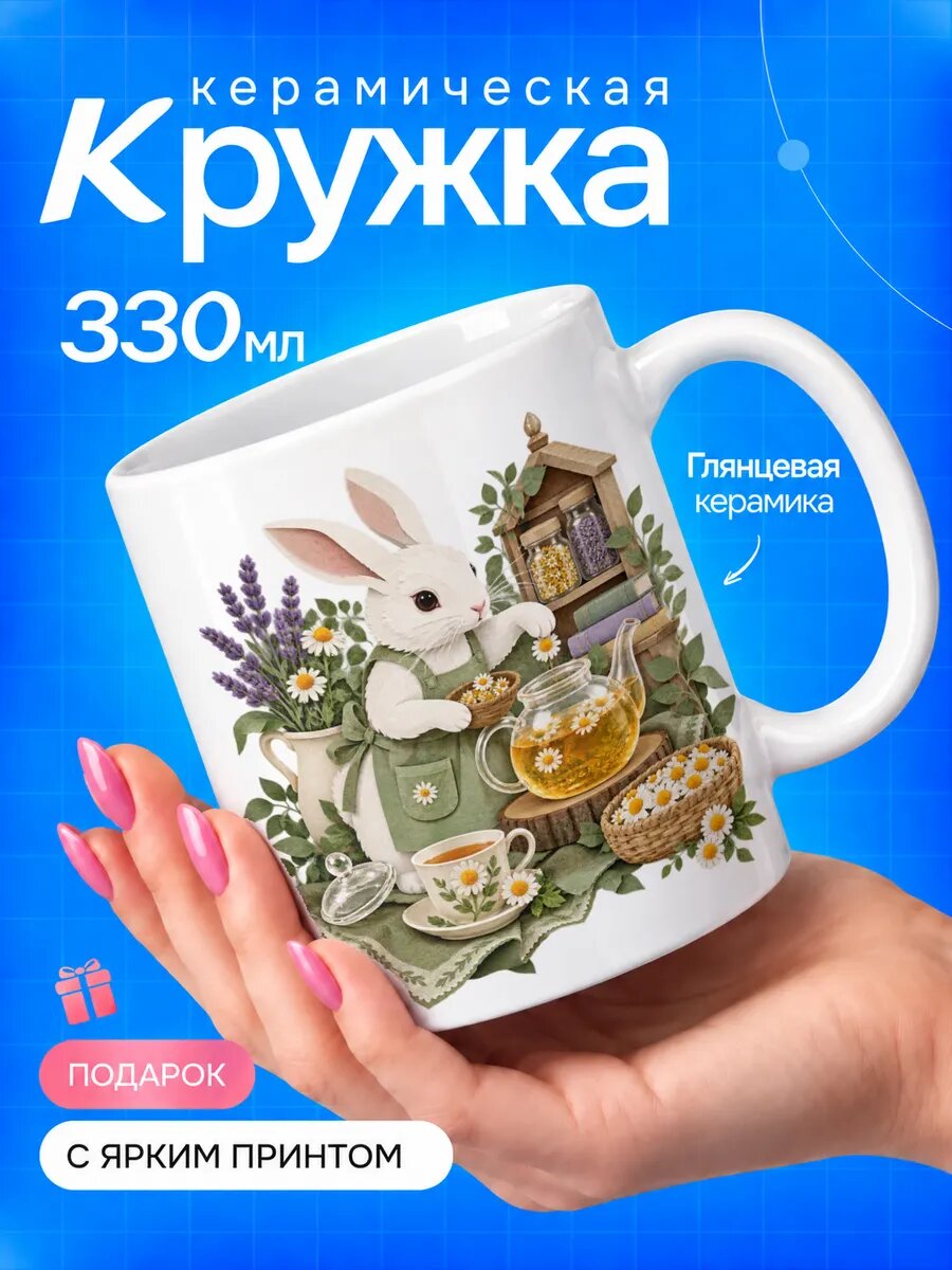 Кружка керамическая TOP CUP, Кролик с ромашкой, белая, 330 мл