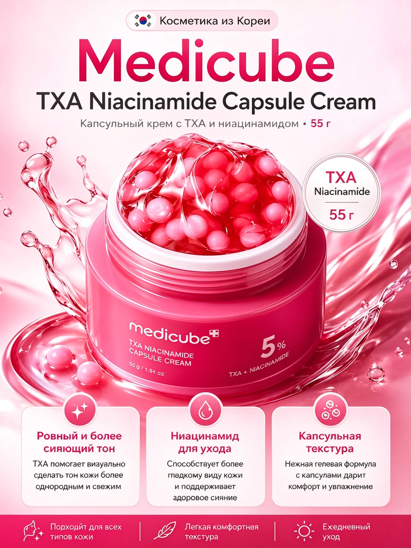 Оригинал MEDICUBE TXA Niacinamide Capsule Cream, крем для лица с капсульной текстурой, направленный на увлажнение
