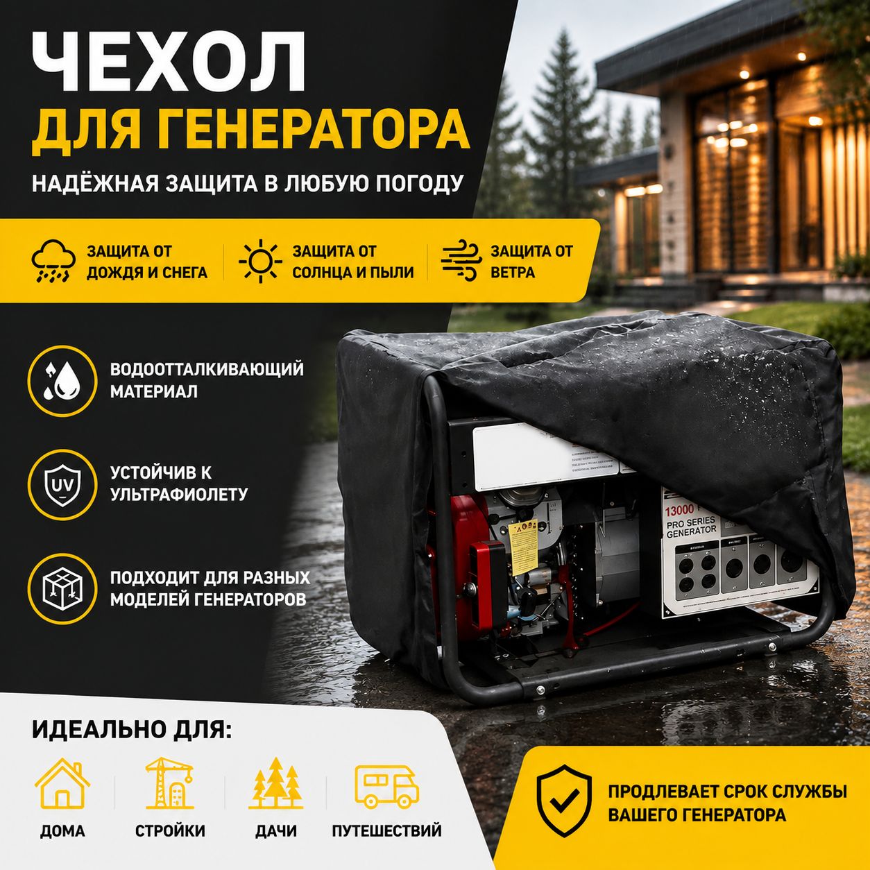 Чехол для генератора универсальный водонепроницаемый, защитный тент от дождя и снега, для хранения бензинового генератора на улице