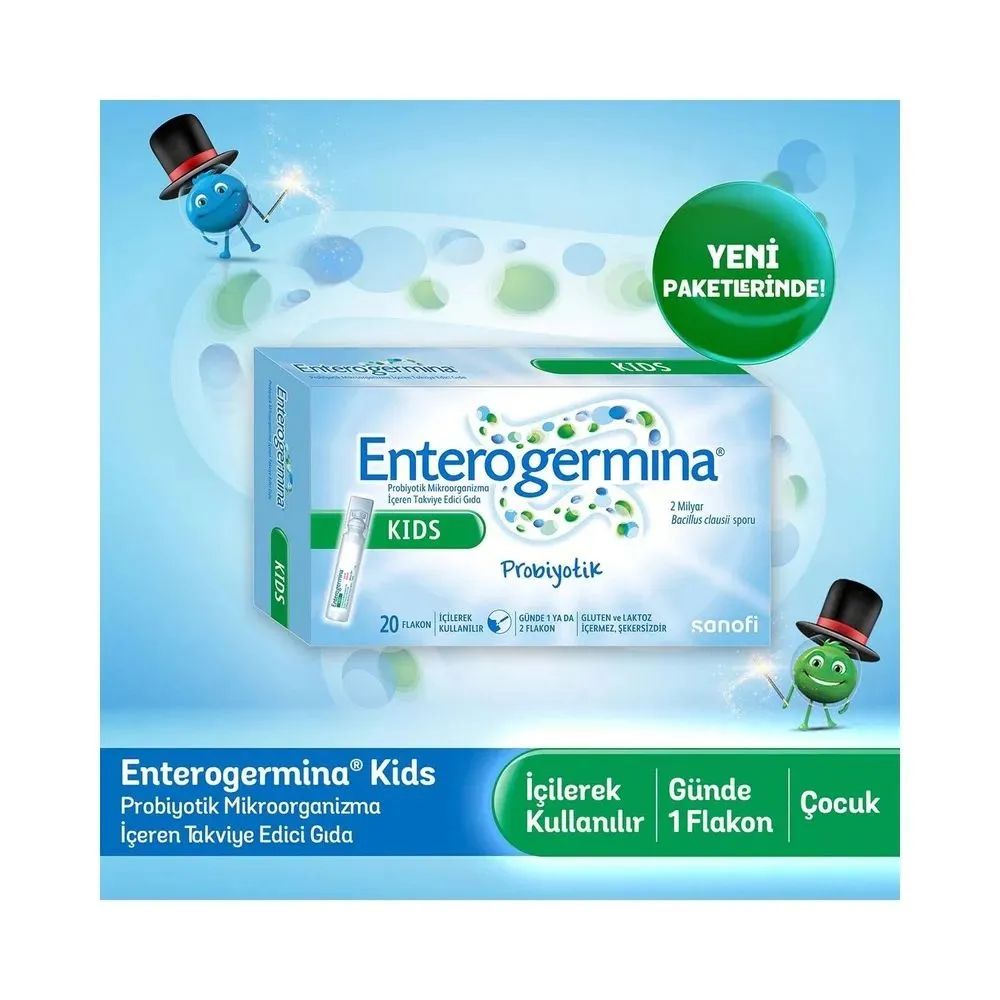 Enterogermina Kids, Энтерожермина 2 миллиард 5мл 20 Flakon, Готовая к употреблению бутылочка для детей, содержащая початки, палочки, споры clausii и чистую воду.