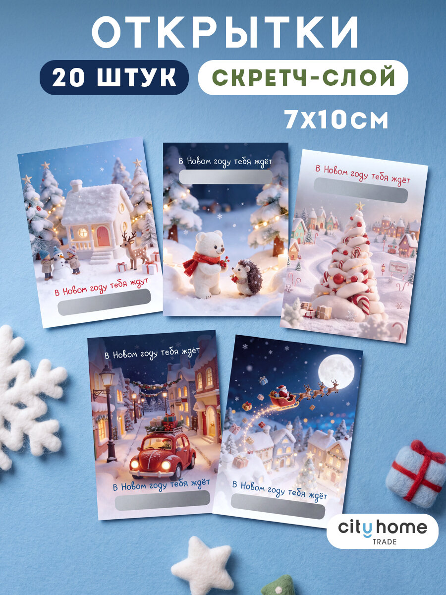 Открытки новогодние со стирающимся слоем "С Новым Годом!", 7x10 см, набор 20 шт