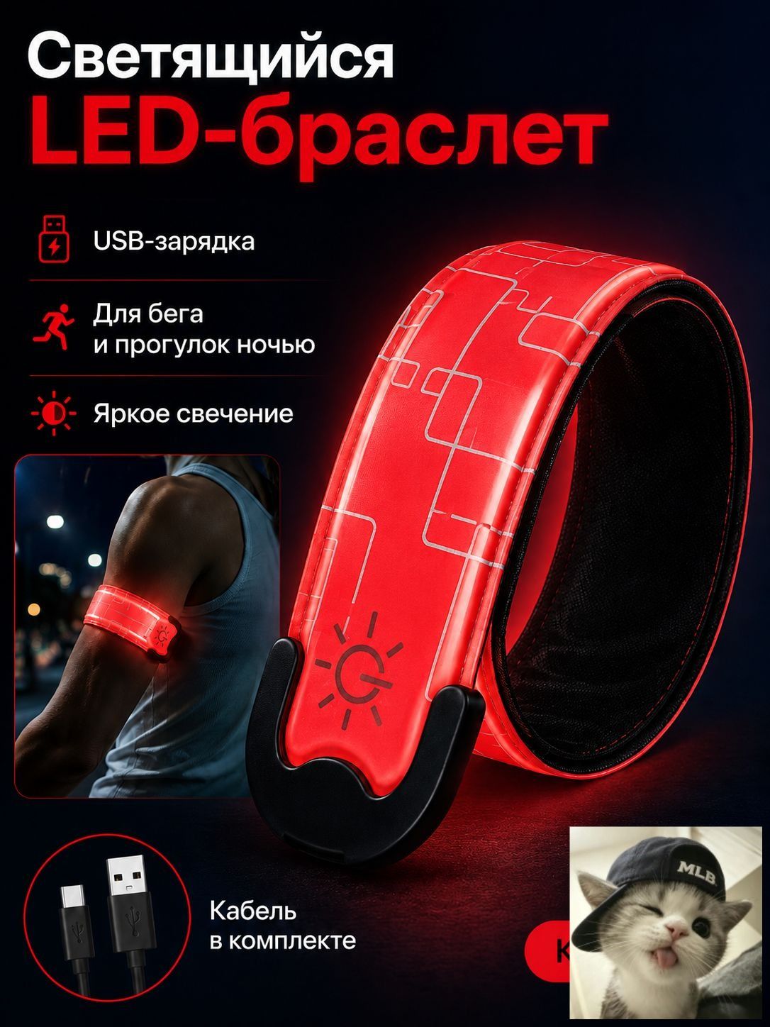 Светящийся LED-браслет для бега с USB-зарядкой