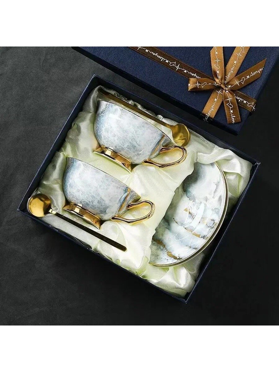 Чайная и кофейная пара 220 мл на 2 персоны, 4 предмета, глазурованное покрытие, с ложками