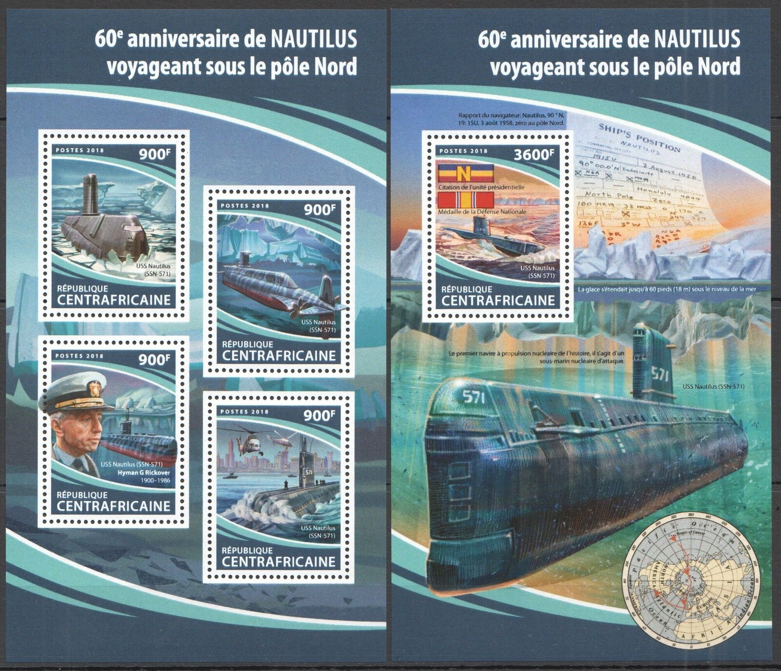 Марки 2018 год ЦАР Наутилус Ядерные подводные лодки Корабли #7665-8+Бл1734 MNH