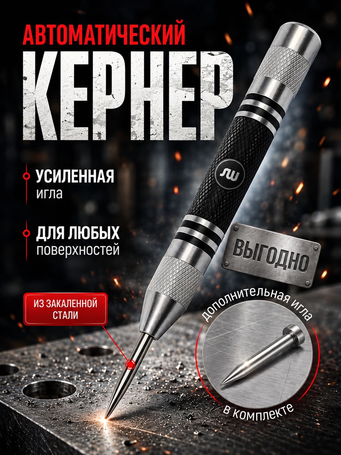 Кернер автоматический ударный пружинный разметочный инструмент по металлу, дереву и пластику