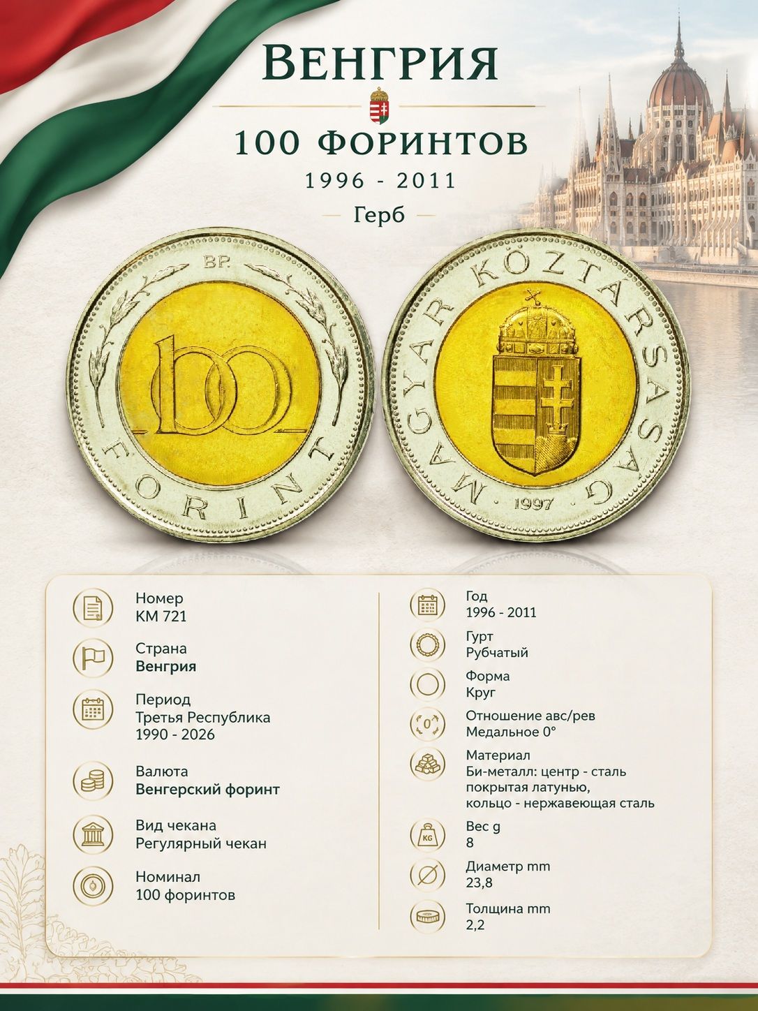 Венгрия 100 форинтов, 1997 Герб XF
