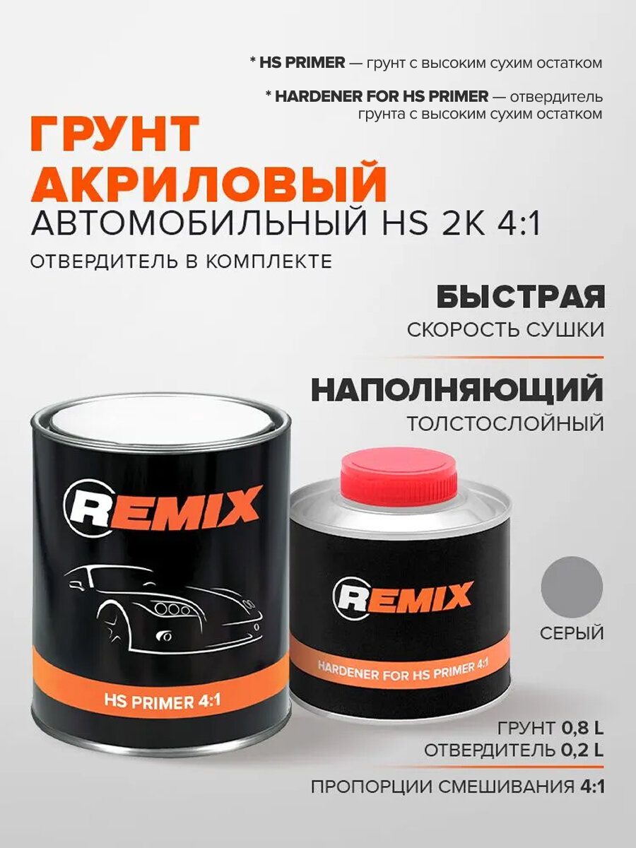 Грунтовка для автомобиля 2к 4+1 серая 0,8 л + 0,2 л отвердитель, акриловая толстостойная, быстросохнущая / REMIX