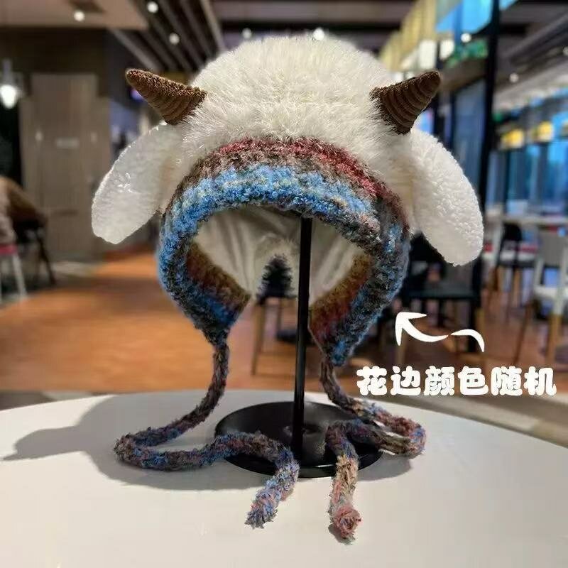 Осенне-зимняя шерстяная шапка для защиты ушей, плюшевая шапка из рога ягненка, теплая плюс бархатная женская универсальная холодостойкая вязаная шапка Баотоу