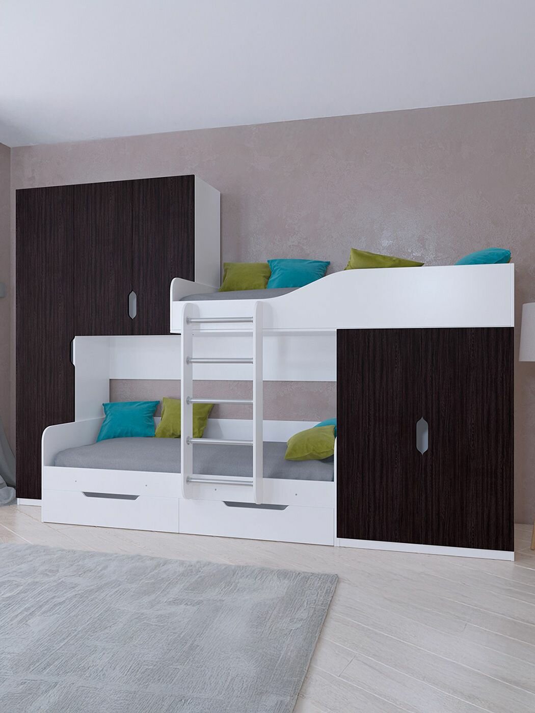 Двухъярусная кровать Лео 80х190 см, с основанием настил, со шкафами, с ящиками, с бортиками, Белый / Венге