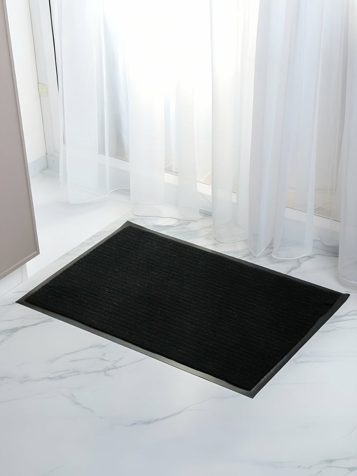 Коврик грязезащитный, 60х90 см, прямоугольный, полиэстер, ПВХ, ребристый, черный, Sunstep, 35-053