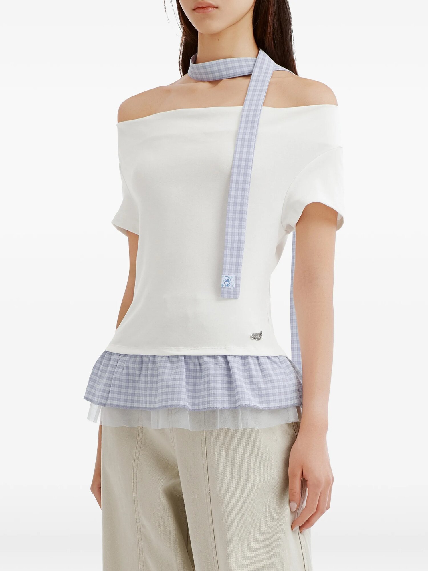 Блуза minicream Gingham-check ruffled blouse, размер 44, белый — фото 1