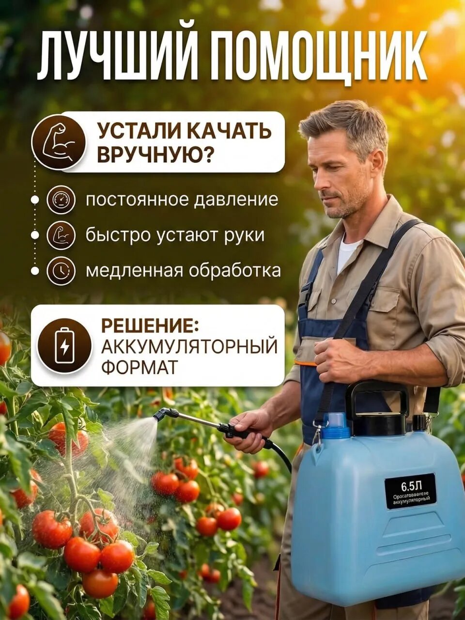 Опрыскиватель садовый аккамуляторный, ранцевый 6,5 литров, распылитель садовый — фото 1