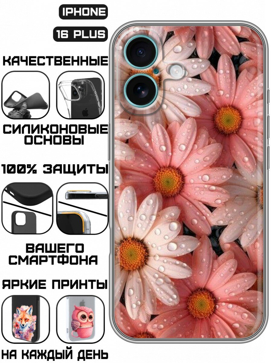 Чехол для Iphone 16 Plus с принтом для женщин с цветочками герберами (Айфон 16 Плюс)